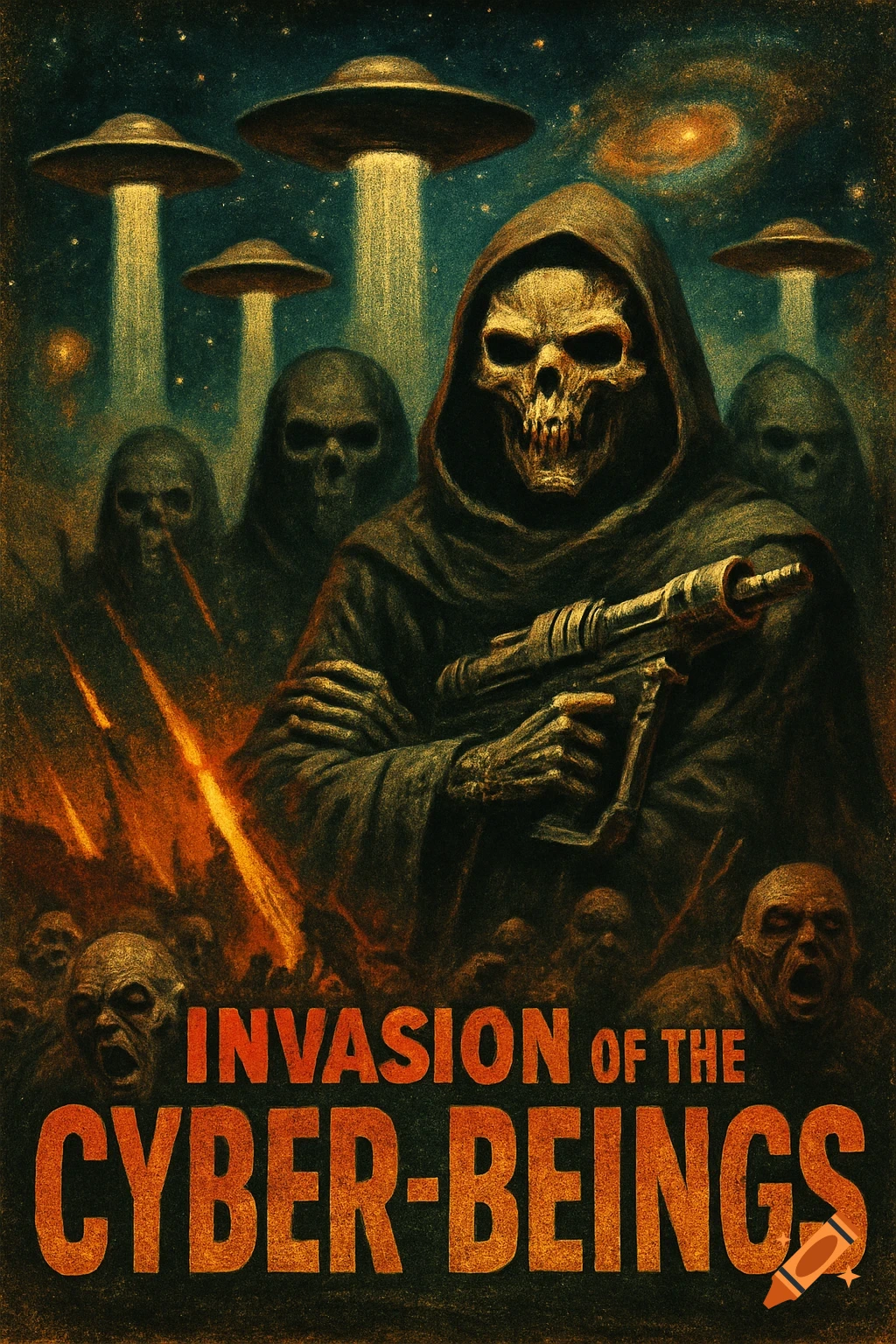 Vintage sci-fi horror movie poster with a hooded skeletal alien holding ...