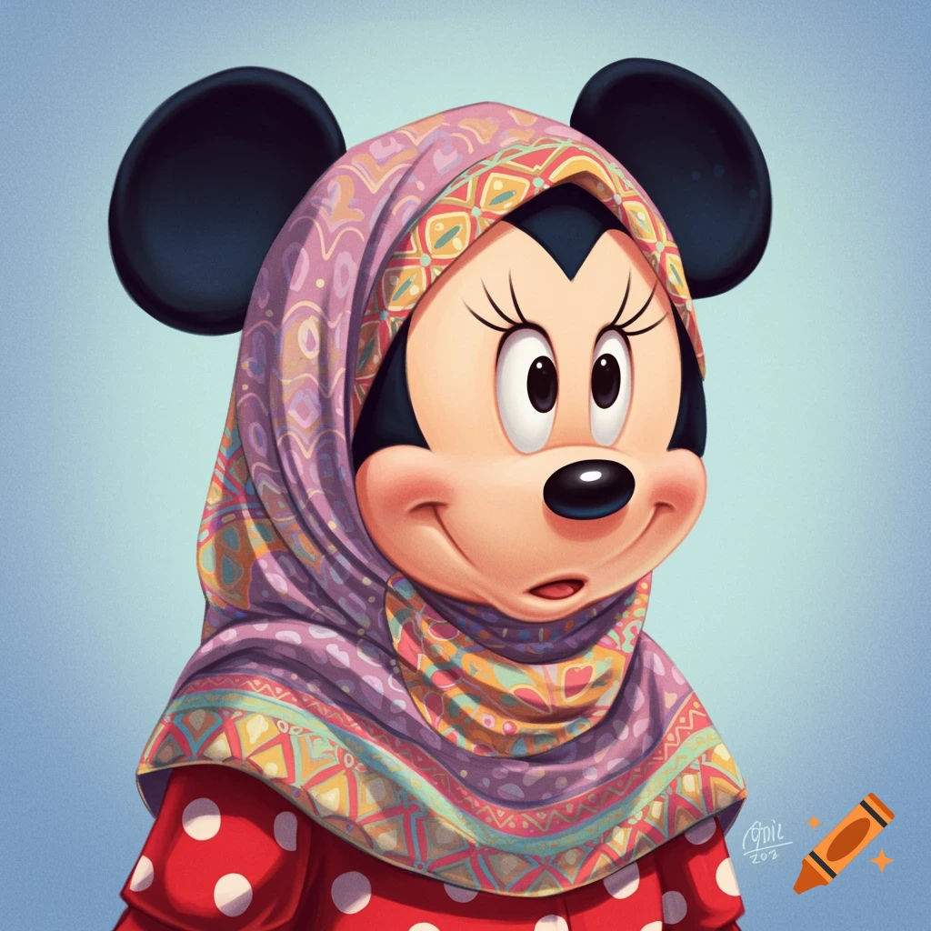 Minnie Mouse cartoon portrait wearing a patterned hijab and a red polka ...