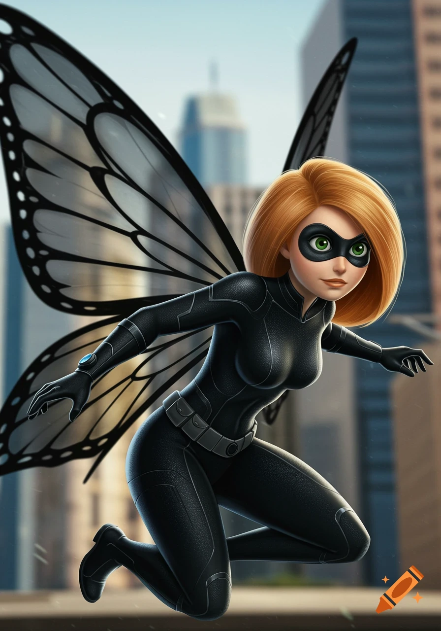 Cartoon character in black butterfly superhero suit with orange hair ...