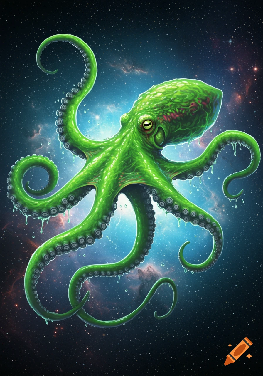 A bright green, slimy octopus floats in deep space surrounded by stars ...
