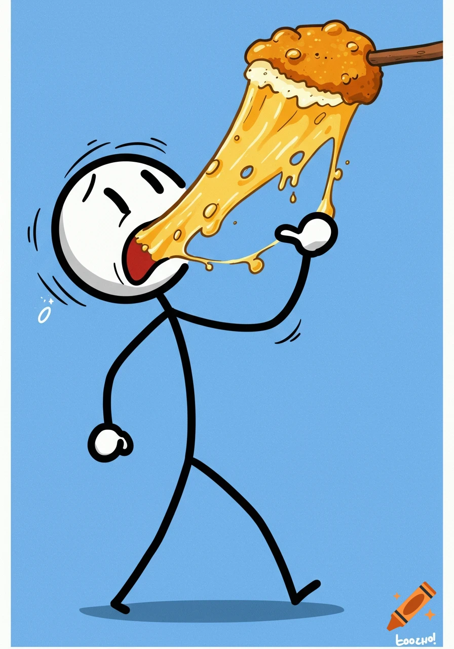 Cartoon stick figure being choked by stringy cheese from a fried cheese ...