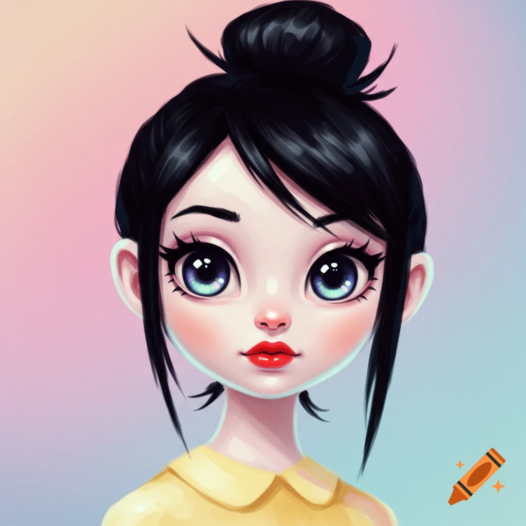 Close-up digital art portrait of a cartoon girl with black hair in a ...