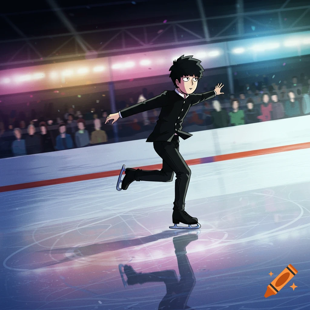 An anime character in a black uniform ice skating in a bright arena ...