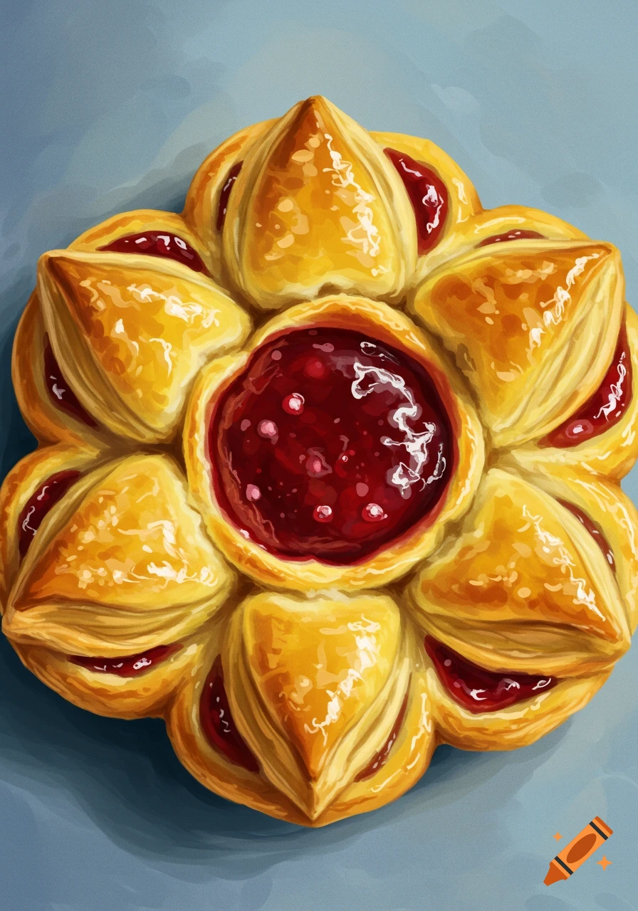 A close-up, overhead view of a flower-shaped pastry filled with red jam ...