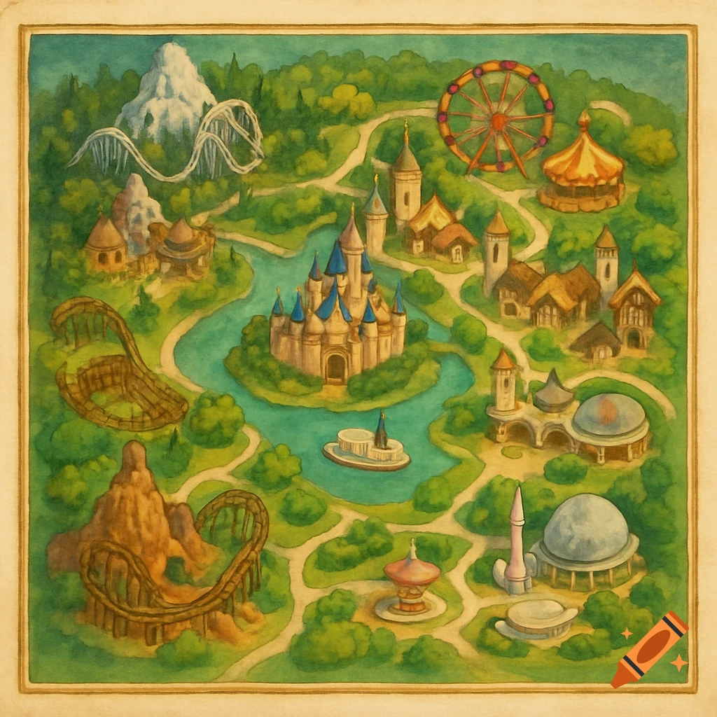 Watercolor illustration of a fantasy theme park map with a central ...