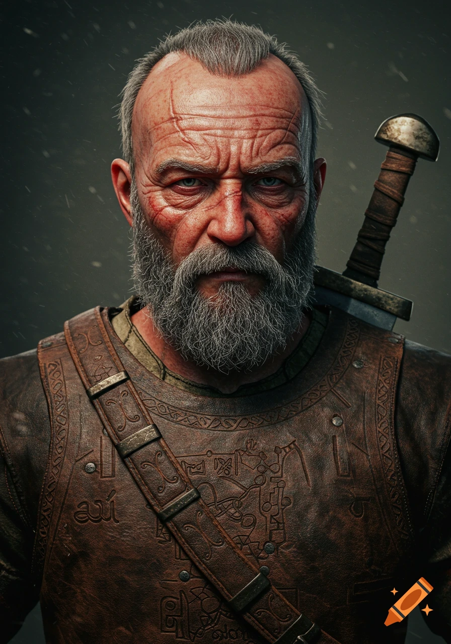 Hyper-realistic portrait of an elderly warrior with scars, beard, leather armor, and sword on ...