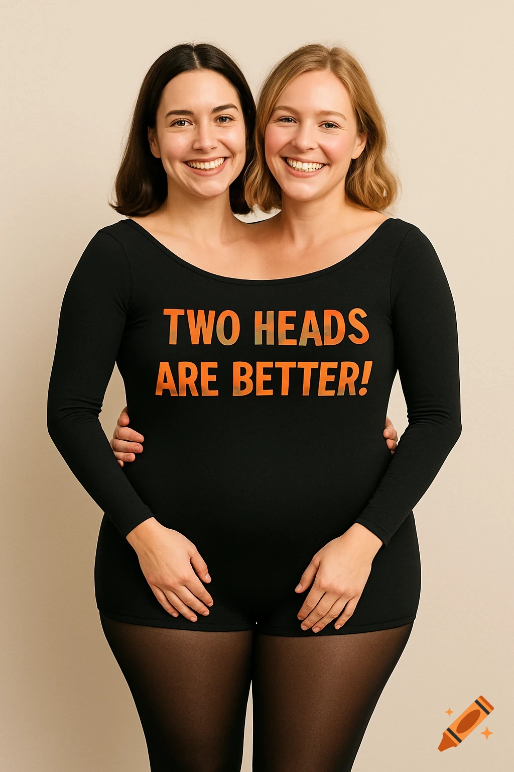 Two women in shared costume making one body with two heads, text 'TWO ...