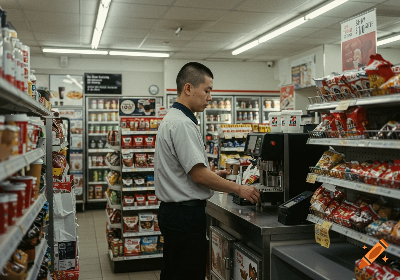 A worker makes coffee behind the counter in a brightly lit convenience ...