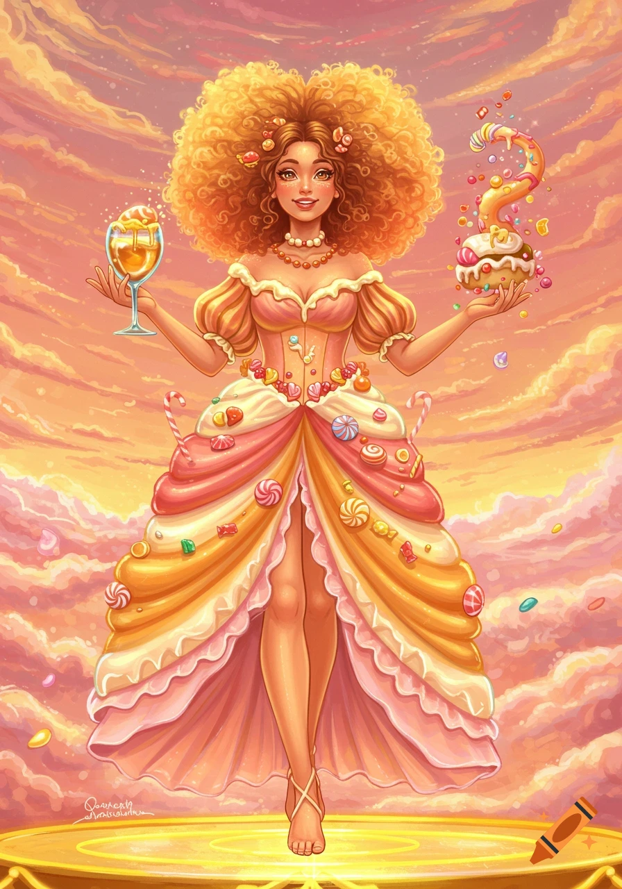 An illustration of a goddess in a gown made of sweets, holding a ...