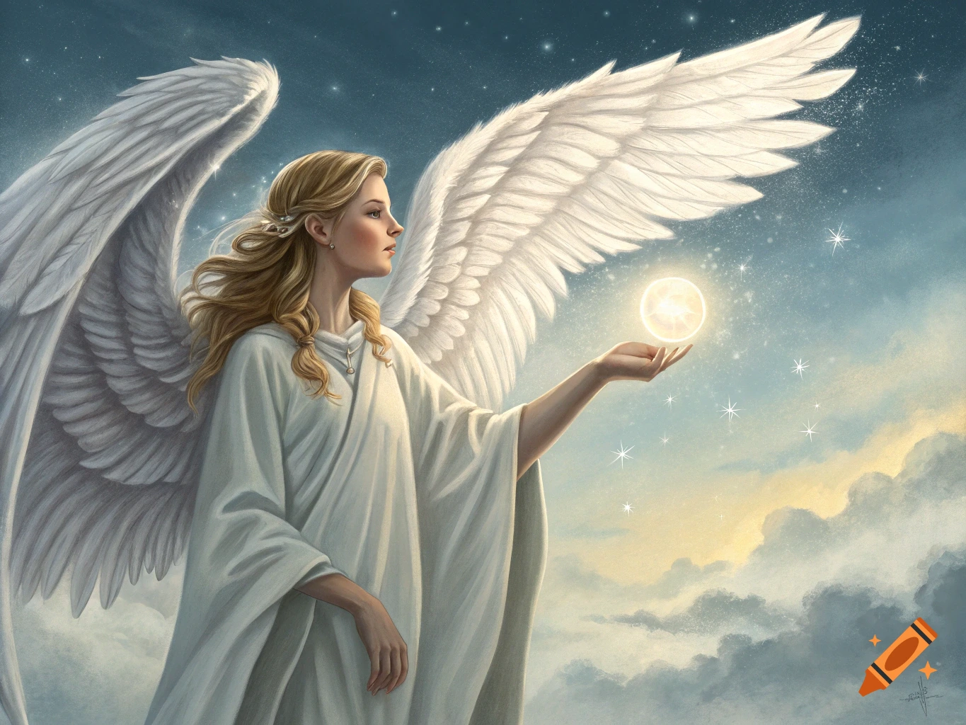 An angel in a white robe holds a glowing orb in her hand against a ...