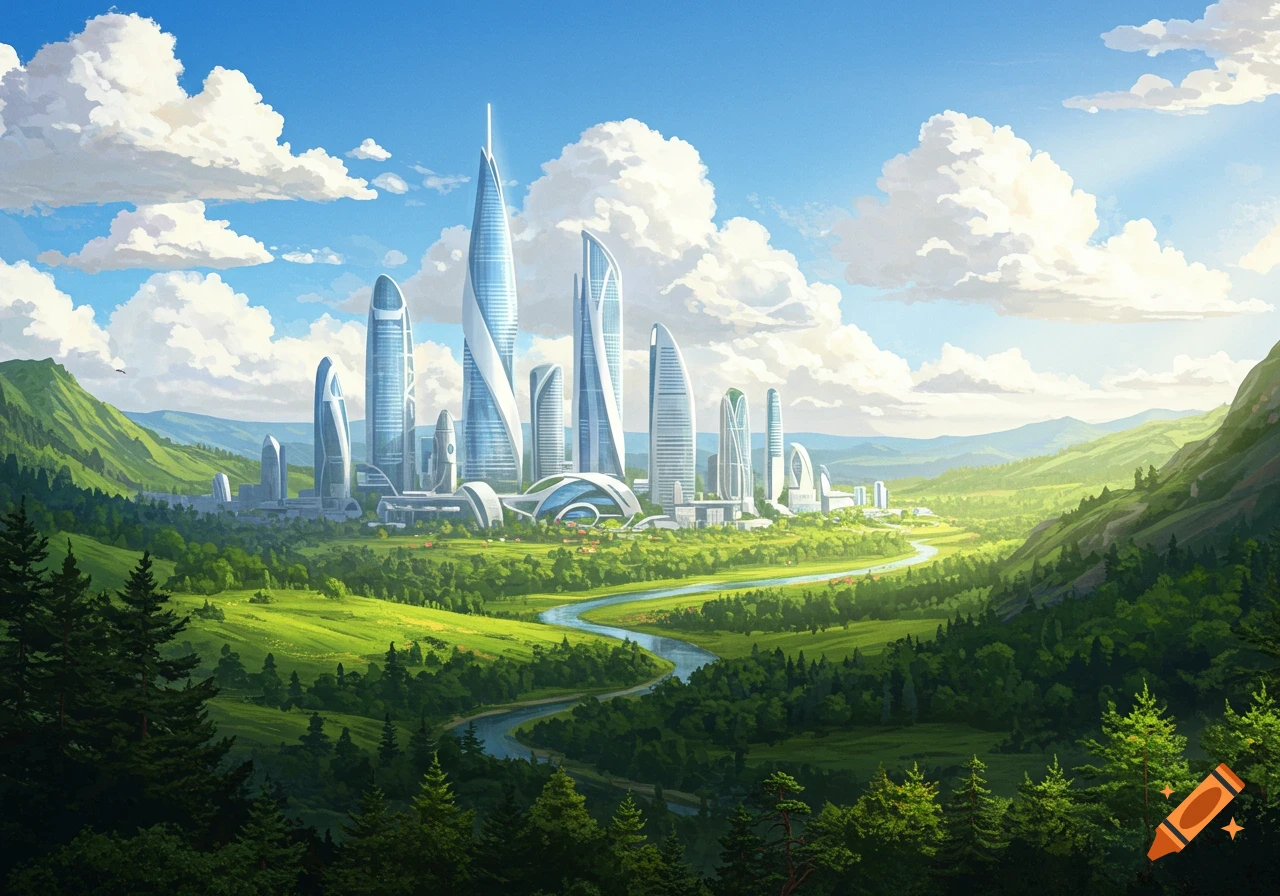 Futuristic city in a green valley with a river, surrounded by hills and ...