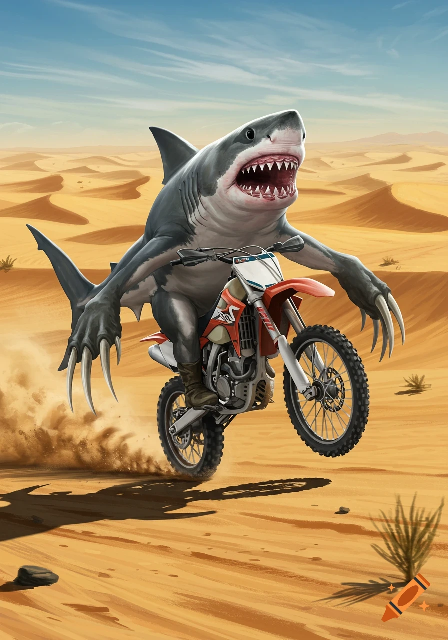 A shark with legs rides a dirt bike through a desert landscape. on Craiyon