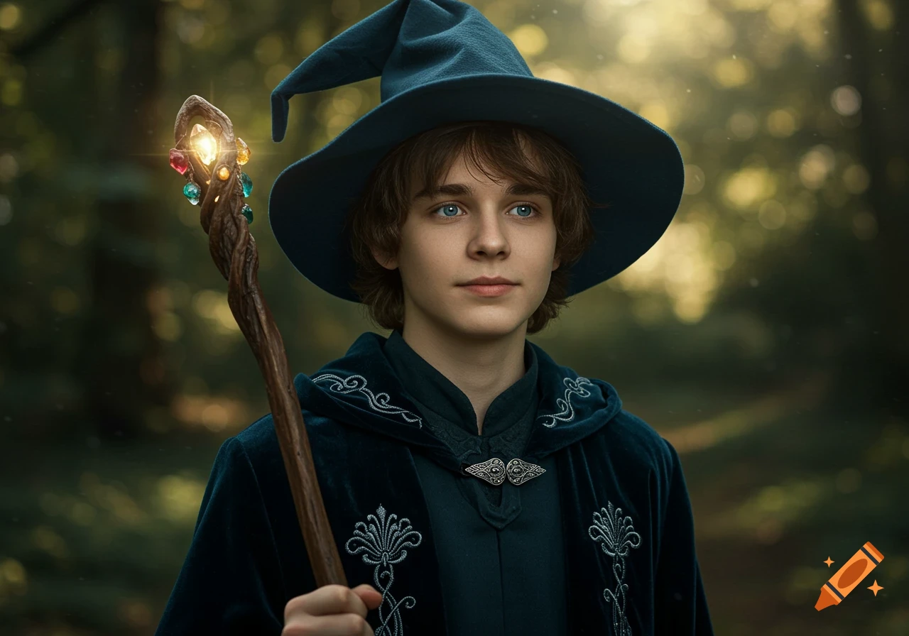 A young wizard in a hat and robe holds a glowing staff. on Craiyon
