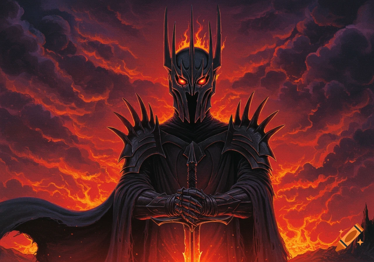 Sauron in spiky black armor holds a sword against a fiery red sky in a ...