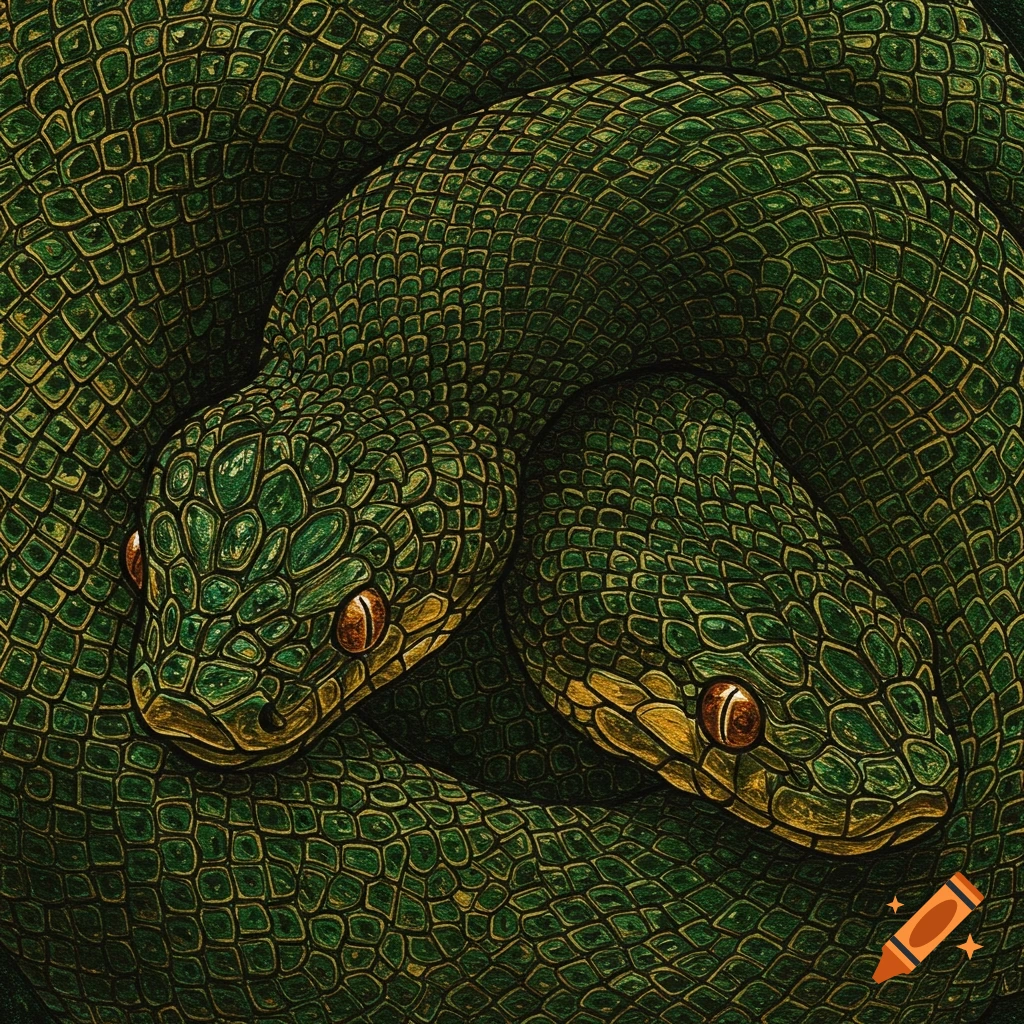 Close-up illustration of two intertwined green snakes with detailed ...
