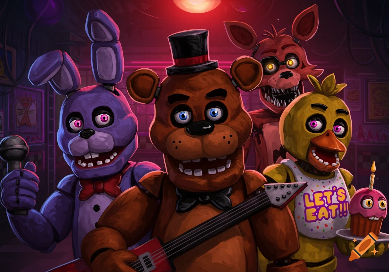 Four Five Nights at Freddy's animatronics, Freddy, Bonnie, Chica, and Foxy, together. on Craiyon