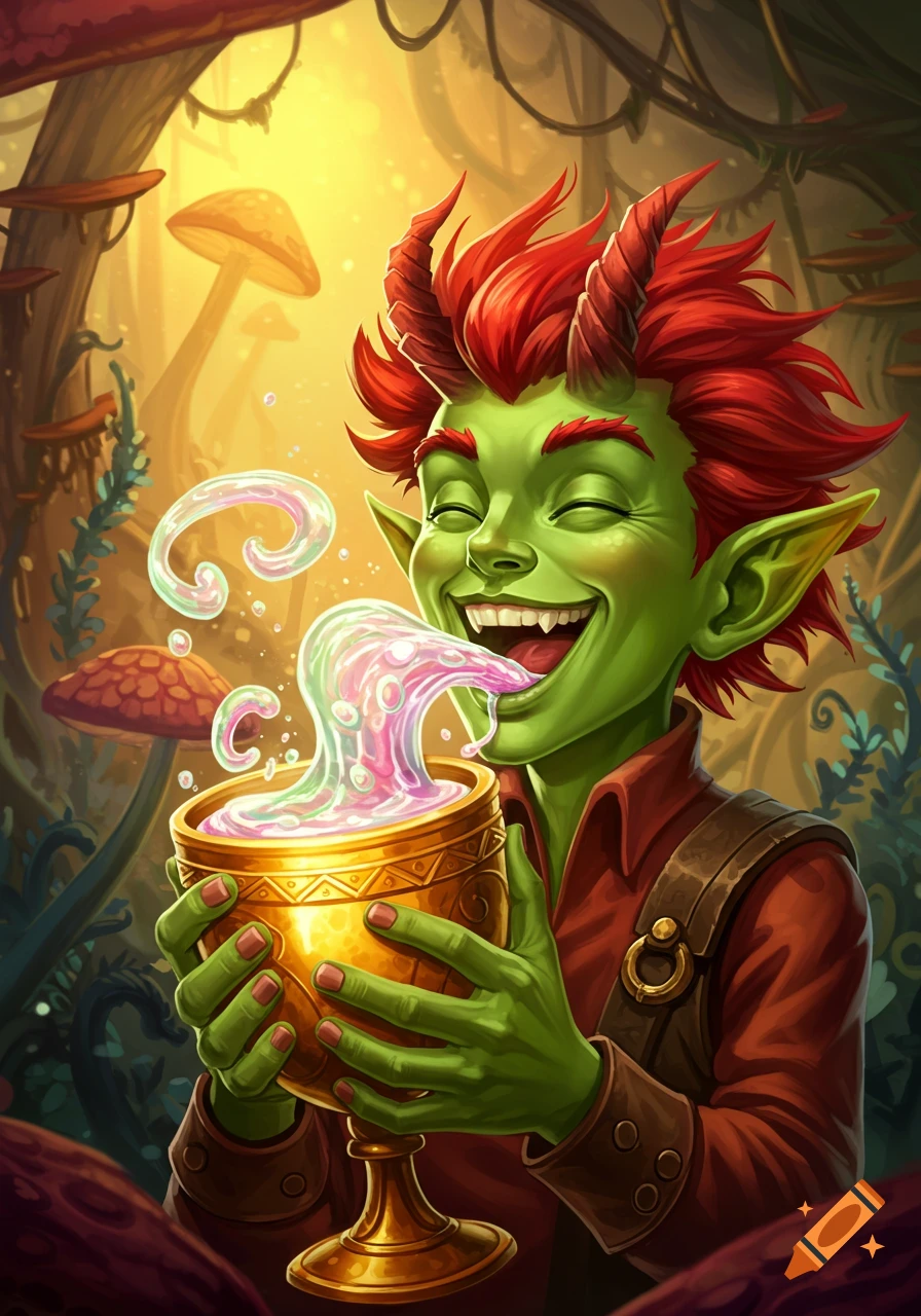 A green imp with red hair happily drinks from a golden cup in a ...