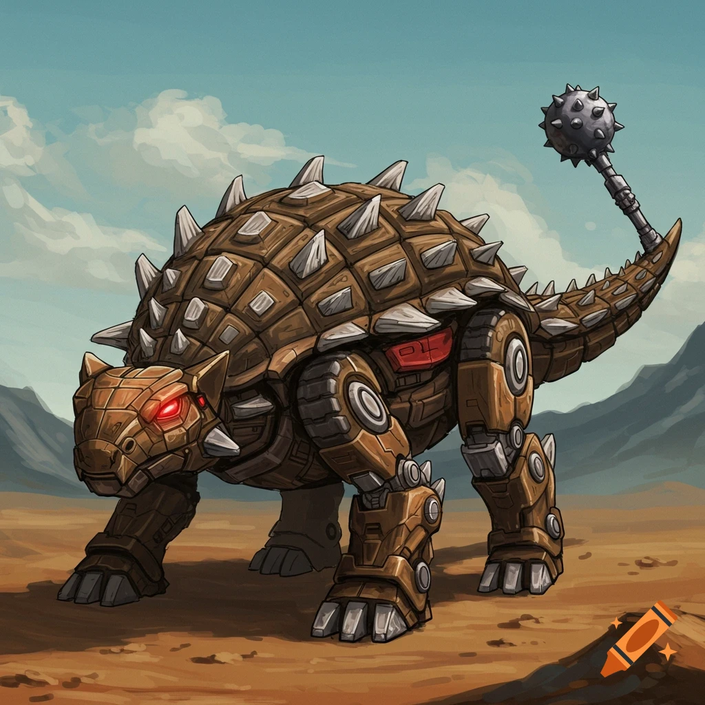 A robotic ankylosaurus with a mace tail in a desert landscape. on Craiyon