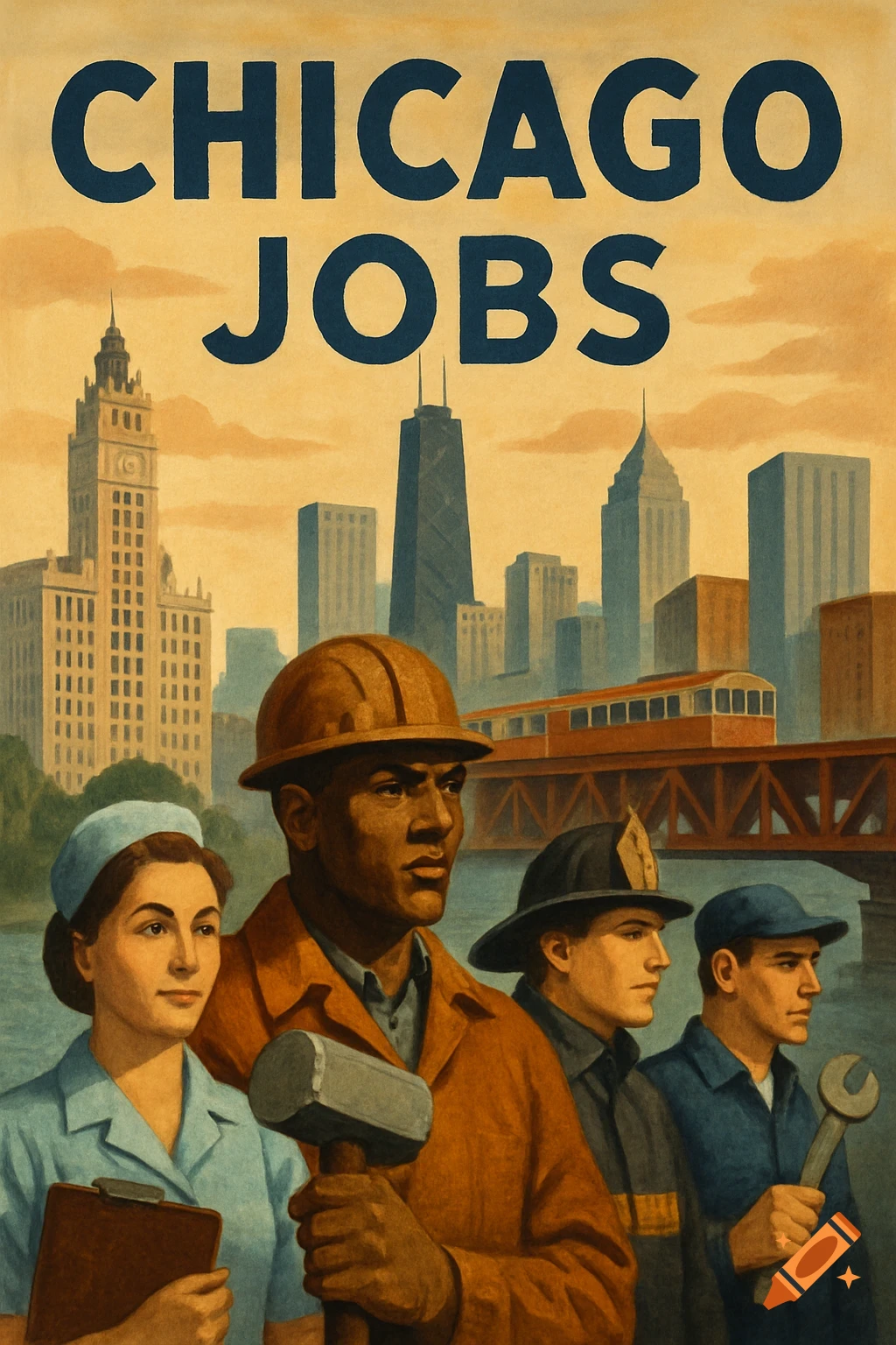 Poster of diverse workers in front of Chicago skyline with text ...