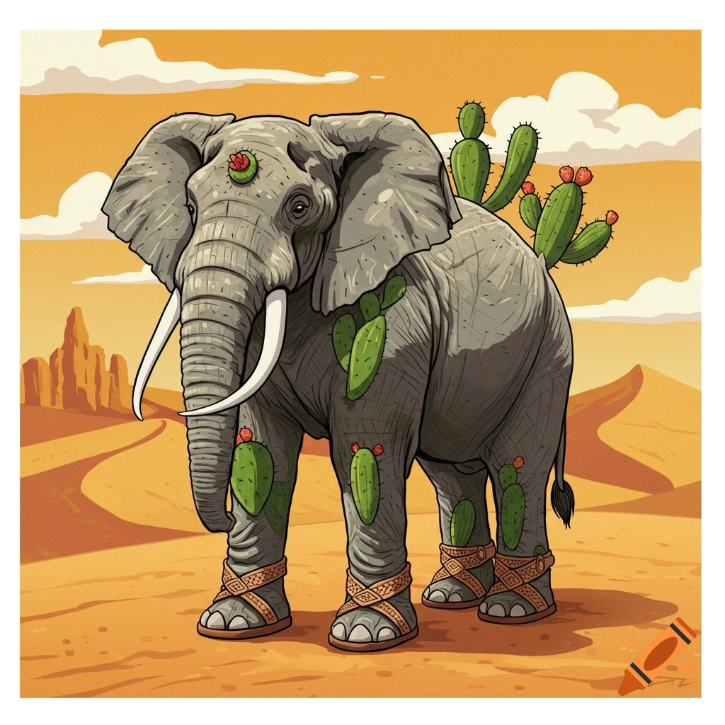 Illustration of a cactus elephant wearing sandals in a desert landscape ...