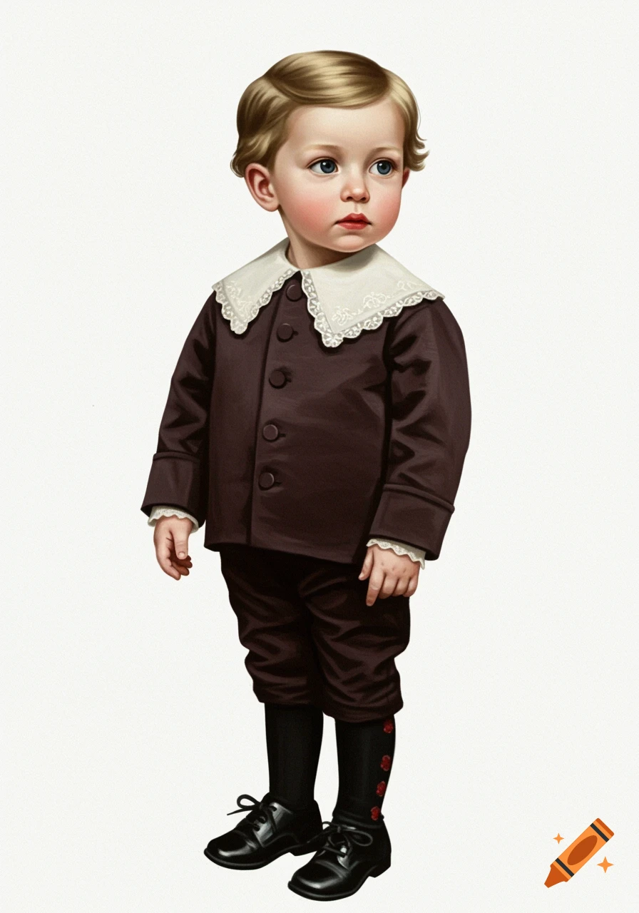 Portrait of a young boy standing, wearing Victorian-style clothes with ...