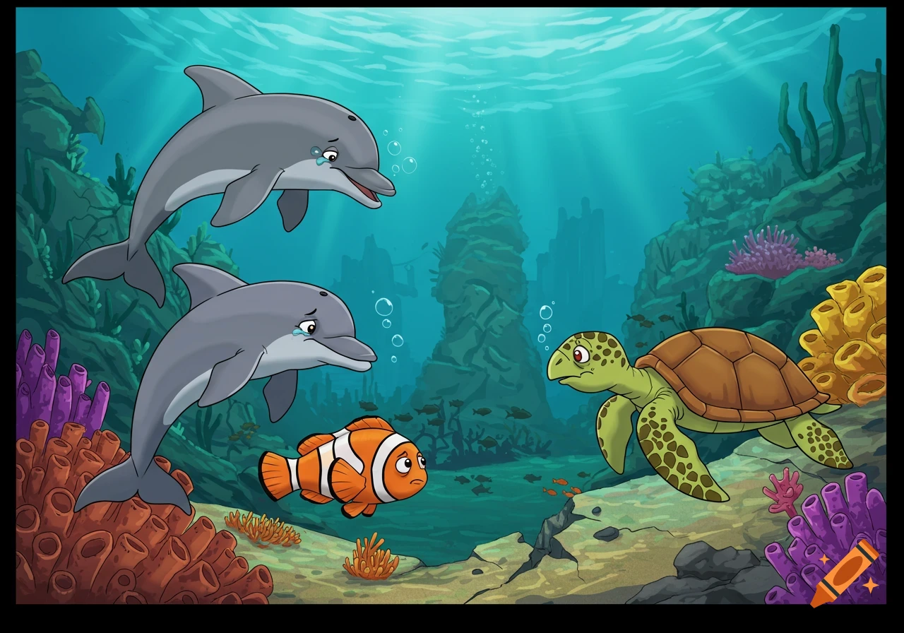 Two sad cartoon dolphins, a sad clownfish, and a sea turtle swim near a ...