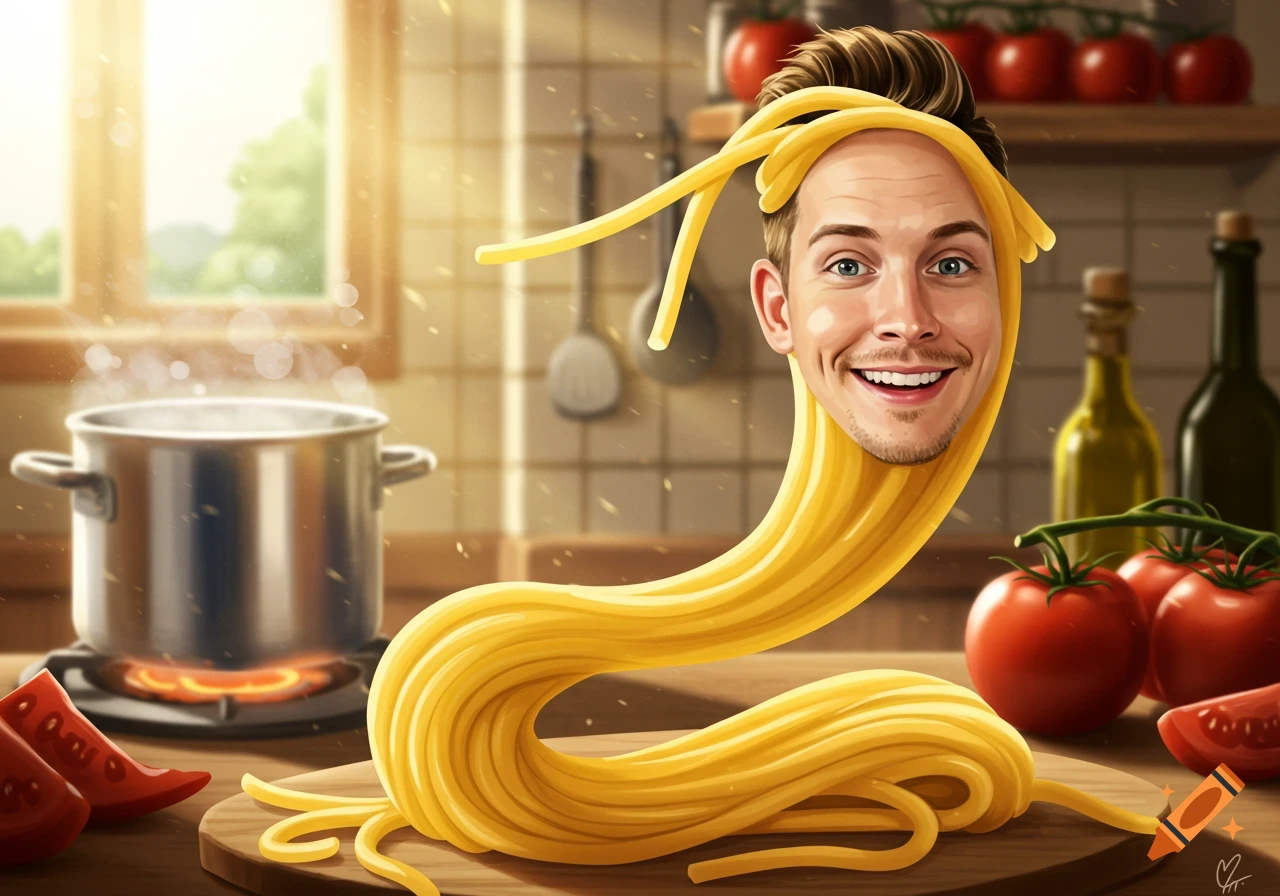 Surreal image of a man's head on a spaghetti body in a sunny kitchen on ...