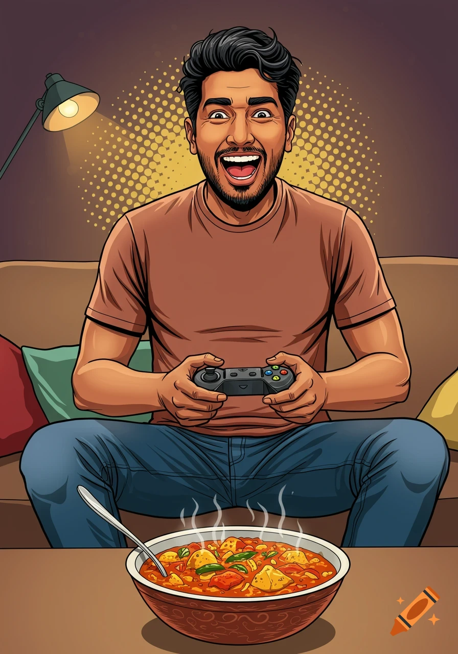 An excited man in a cartoon style plays a video game on a couch with a ...