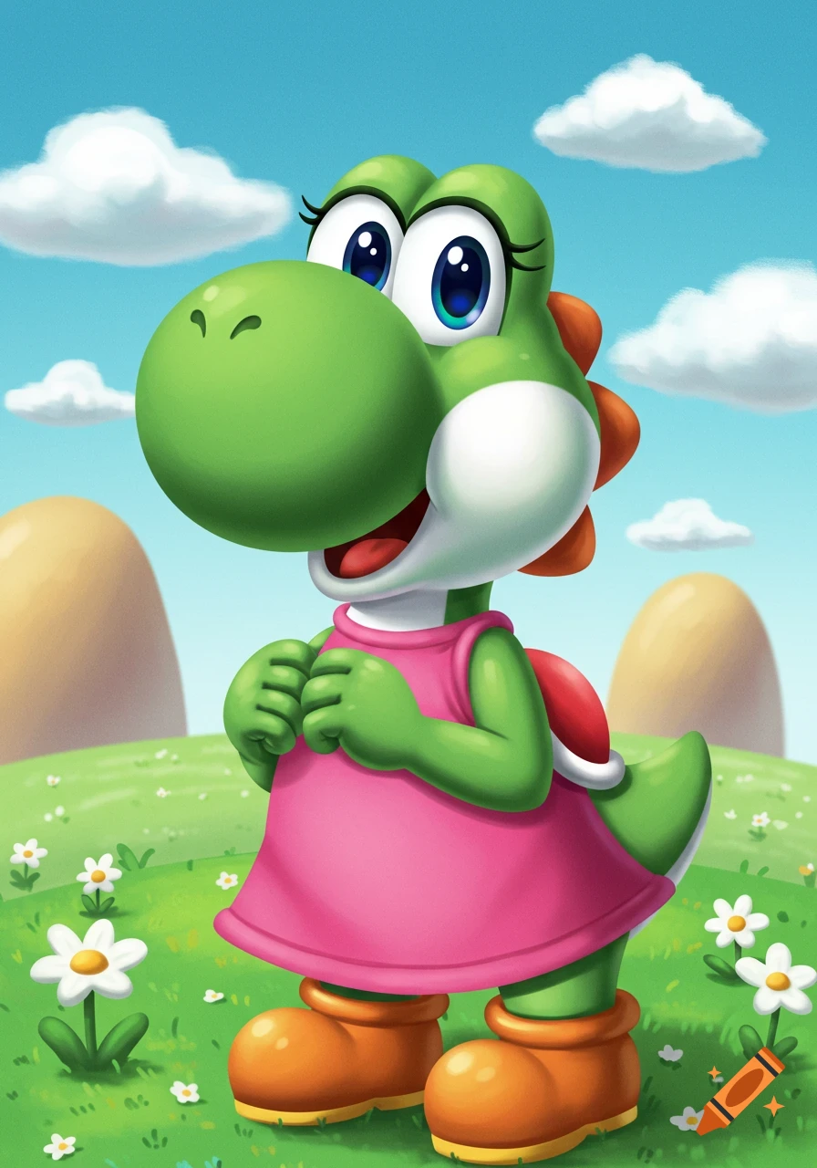 A cartoon female Yoshi wearing a pink dress stands in a sunny grassy ...