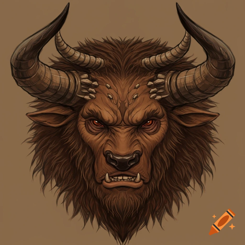 Detailed illustration of a minotaur head with multiple horns and fierce ...