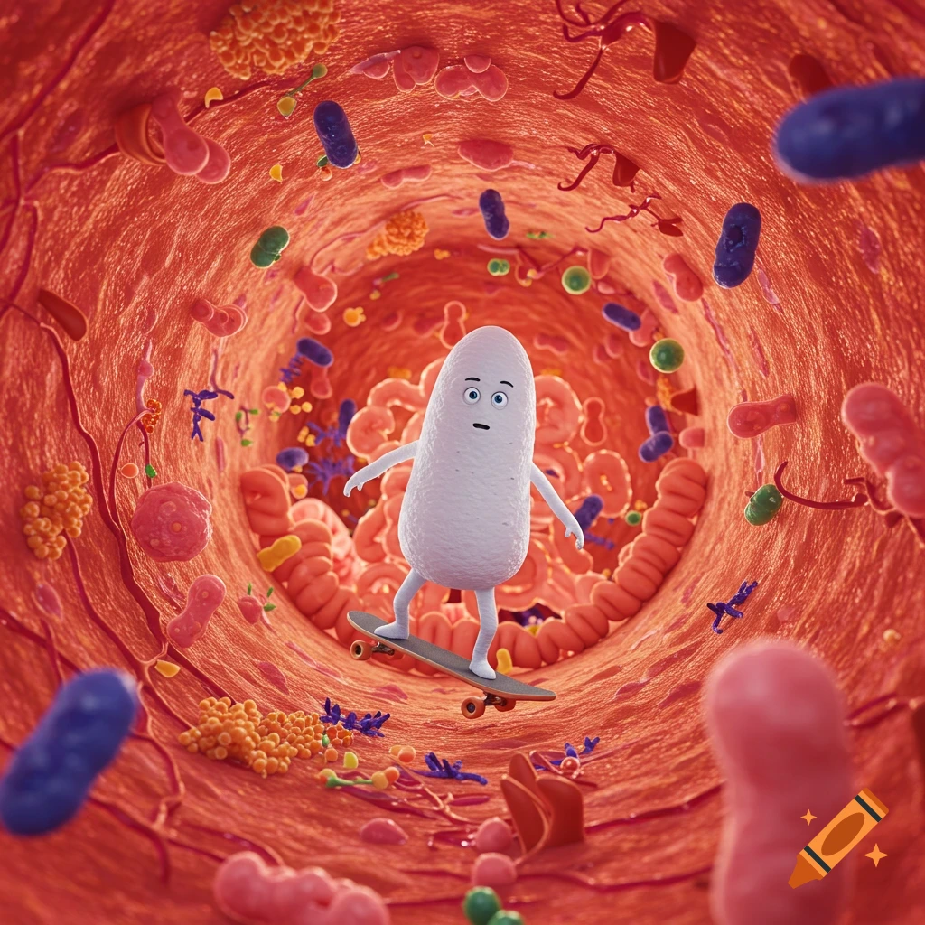 A cartoon microbe character skateboards through a biological passage ...