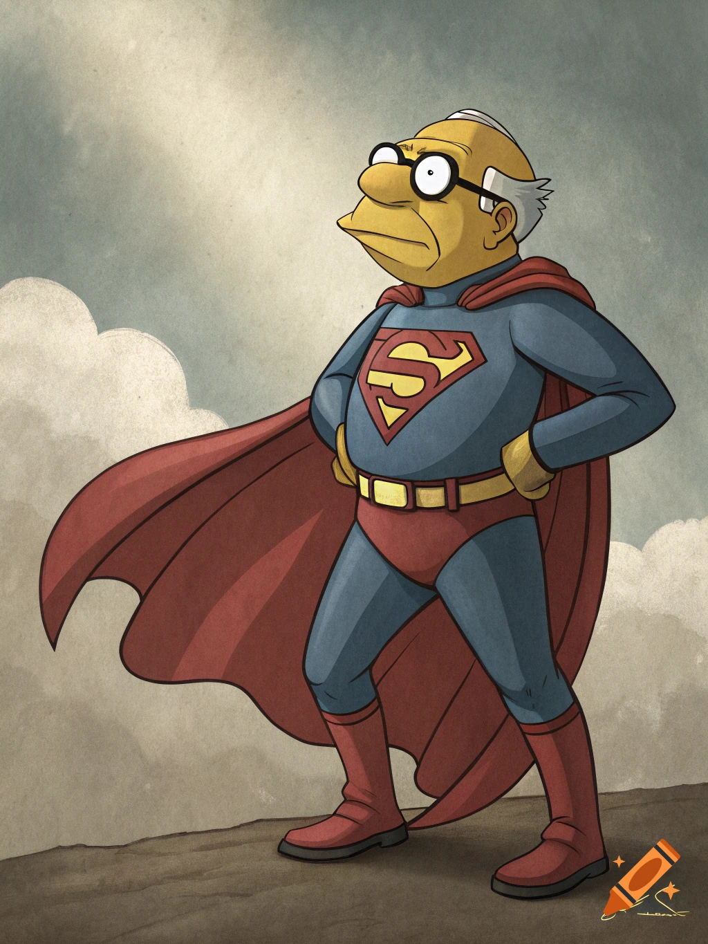 A cartoon illustration of Hans Moleman dressed as Superman, standing ...