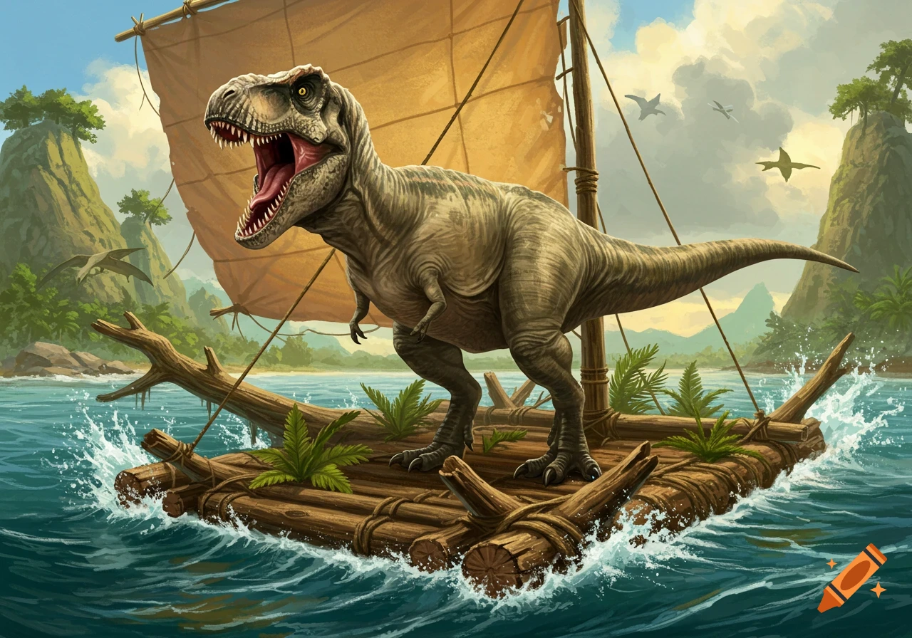 Illustration of a Tyrannosaurus Rex sailing on a wooden raft with a ...