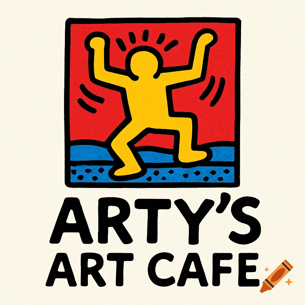 Keith Haring style logo for Arty's Art Cafe with a yellow figure in a ...