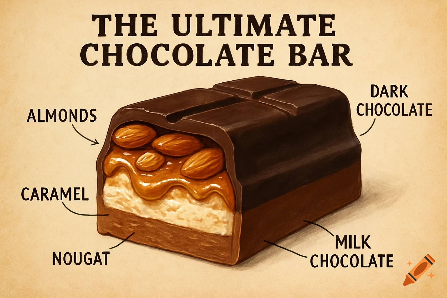 Illustration of a cutaway chocolate bar showing layers of nougat ...