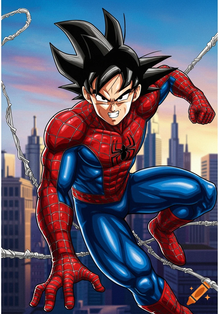 Anime style drawing of Goku as Spider-Man swinging through a city on ...