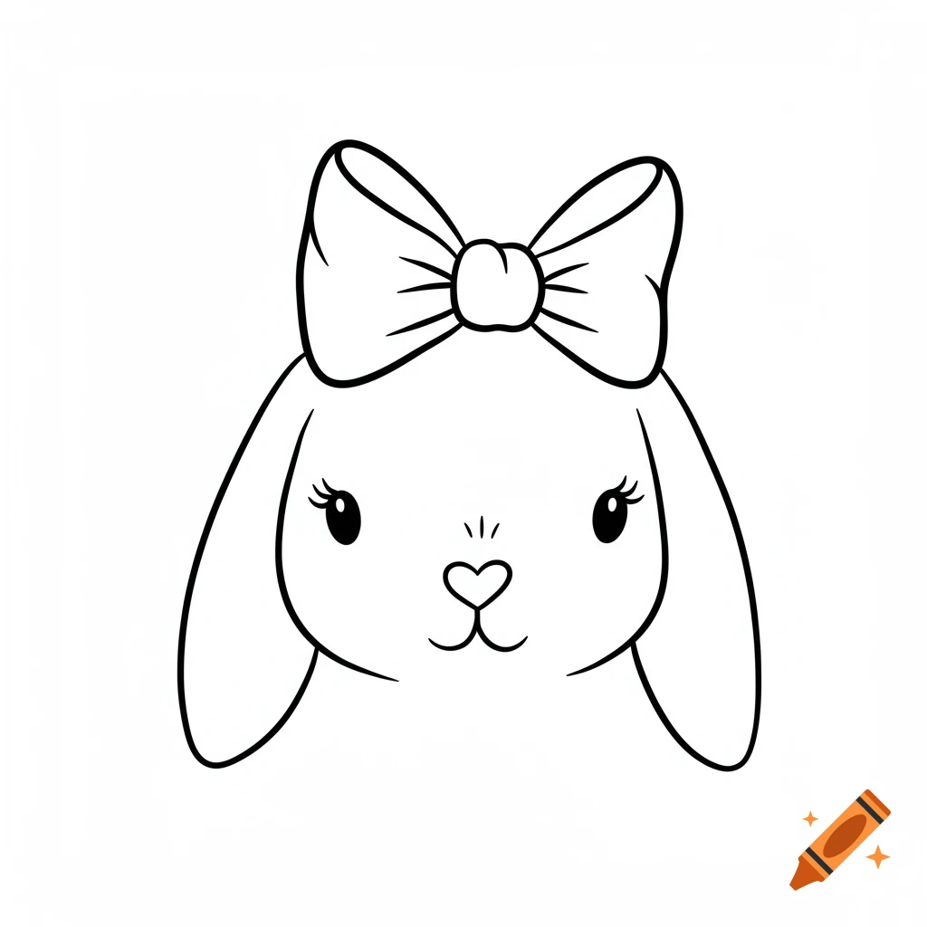 Outline drawing of a cute rabbit face with a bow and heart nose. on Craiyon