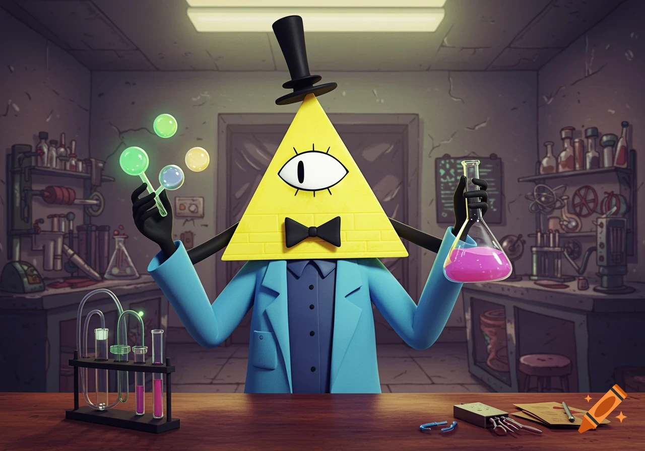Bill Cipher in a lab coat holds lab equipment in a laboratory on Craiyon