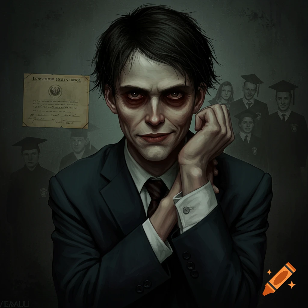 Portrait of an unsettling man in a suit with dark eyes and a slight ...