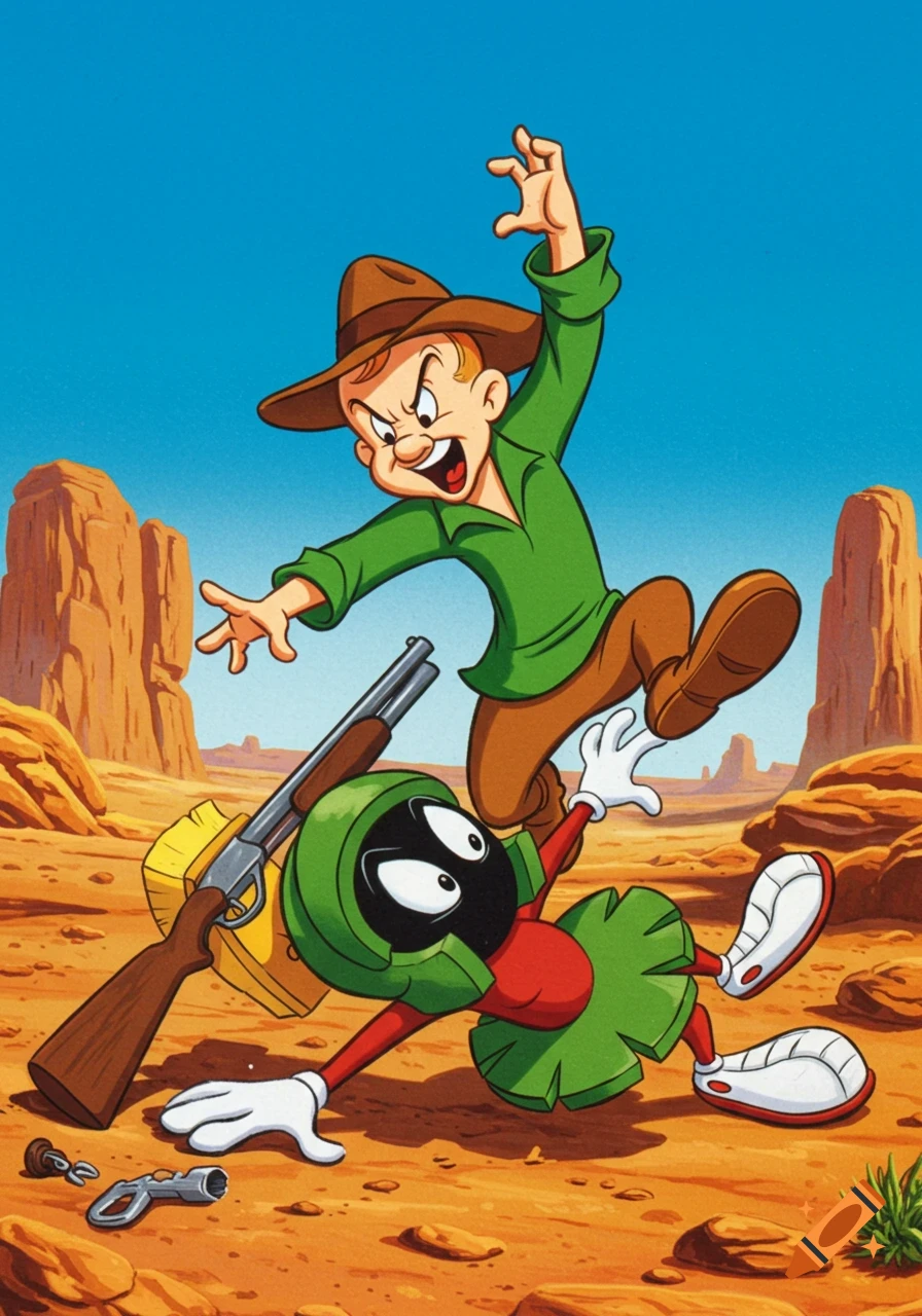 Elmer Fudd performs an RKO wrestling move on Marvin the Martian in a ...