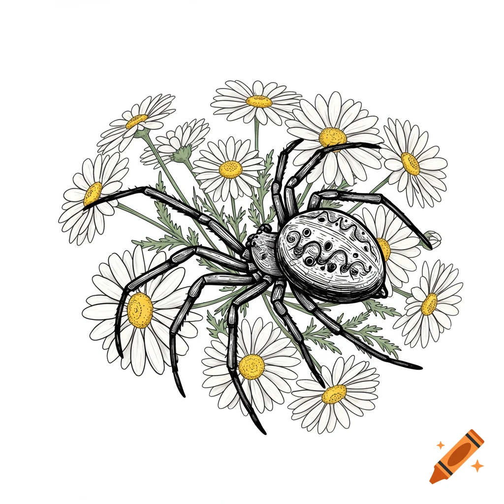 Outline drawing of a spider on a cluster of daisies. on Craiyon