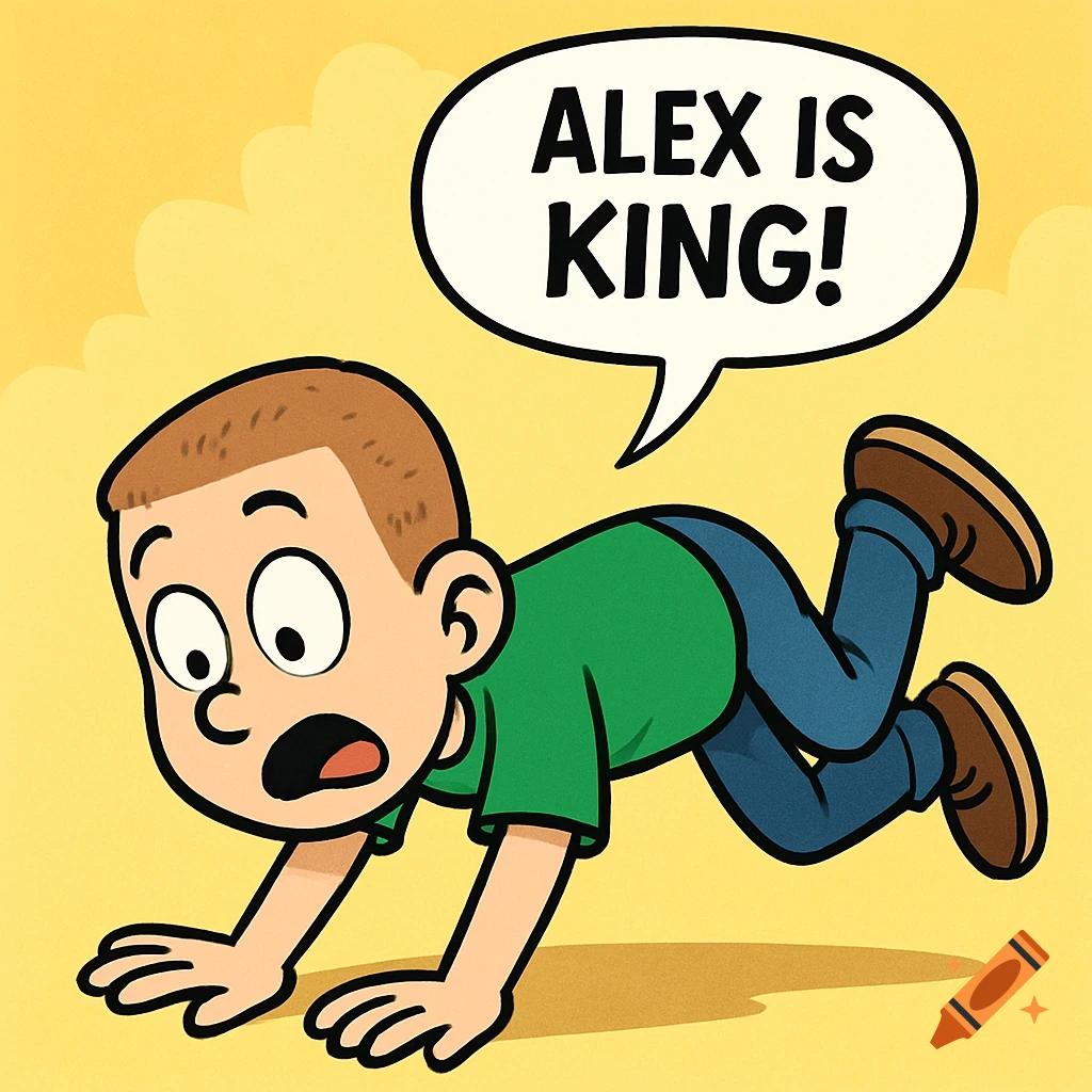A cartoon boy with a buzzcut falls forward. A speech bubble above him ...