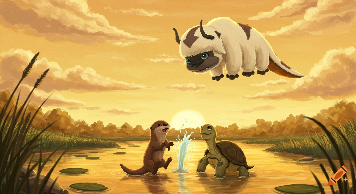 An illustration of Appa flying above an otter and turtle playing in a ...