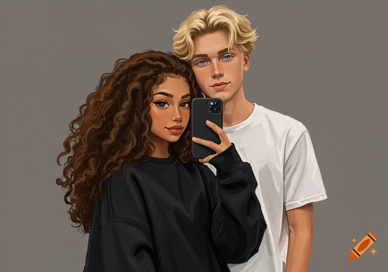 Digital painting of a young couple taking a selfie. on Craiyon