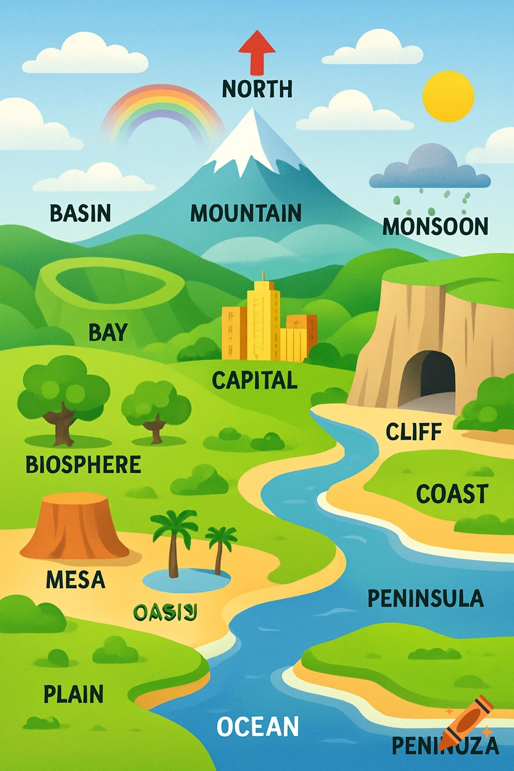 Colorful diagram illustrating various landforms and geographical ...