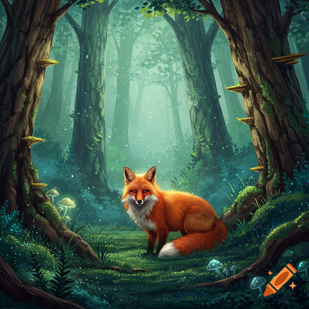 An illustration of a red fox sitting in a mystical, glowing forest with ...
