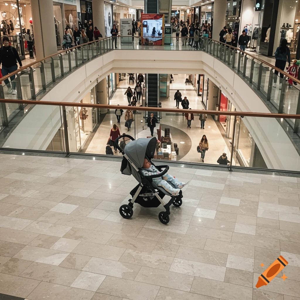 Baby in a stroller overlooks a busy mall from an upper level, seen from ...