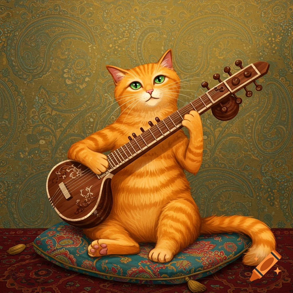 An orange tabby cat sits on a patterned cushion playing a sitar against ...
