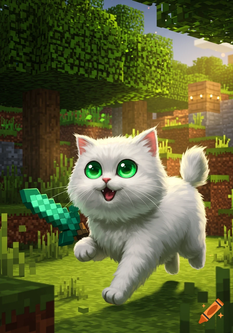 Fluffy white cat runs with a diamond sword through a Minecraft world. on Craiyon