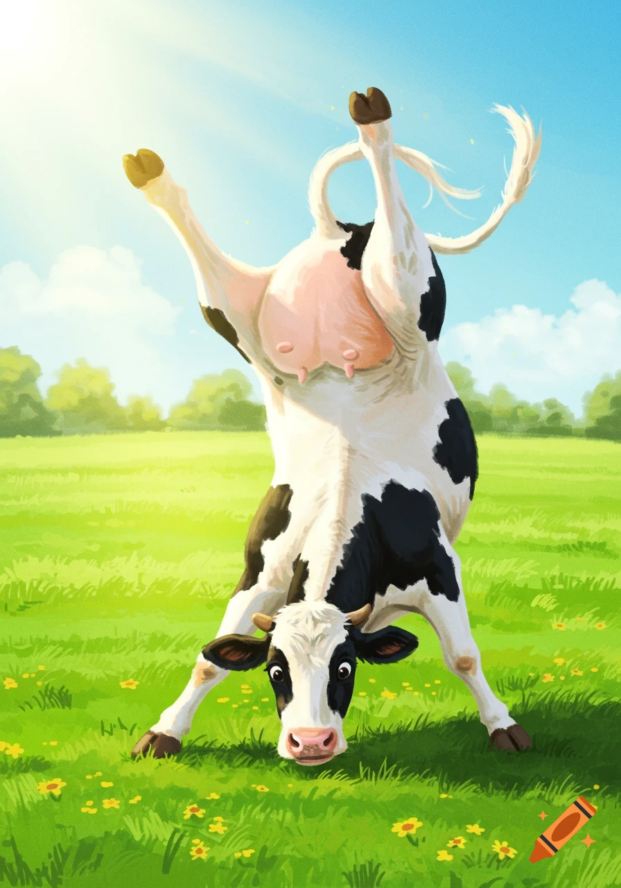 A cartoon cow is doing a handstand in a sunny green field with yellow ...